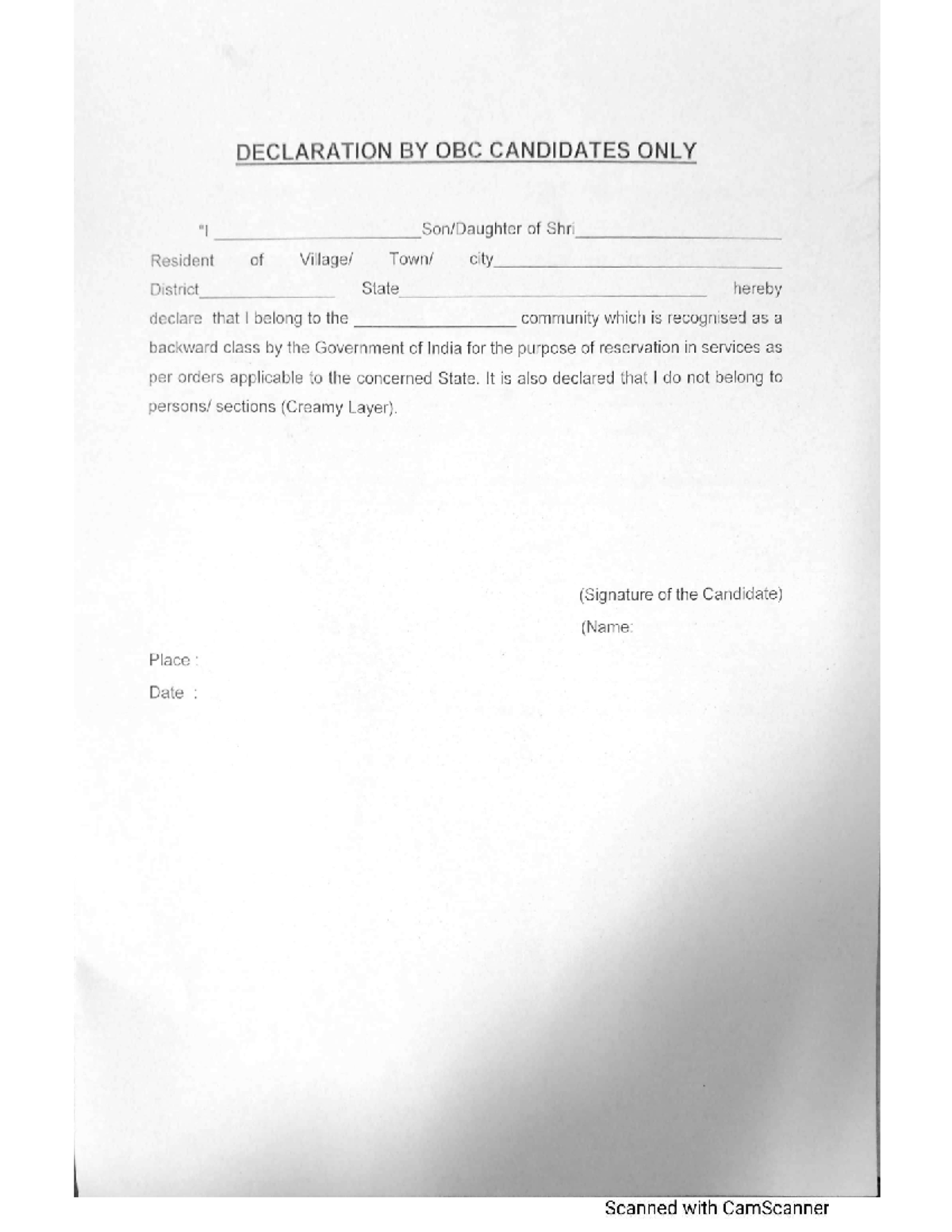 OBC Certificate Declaration for Reservation in Services - Studocu