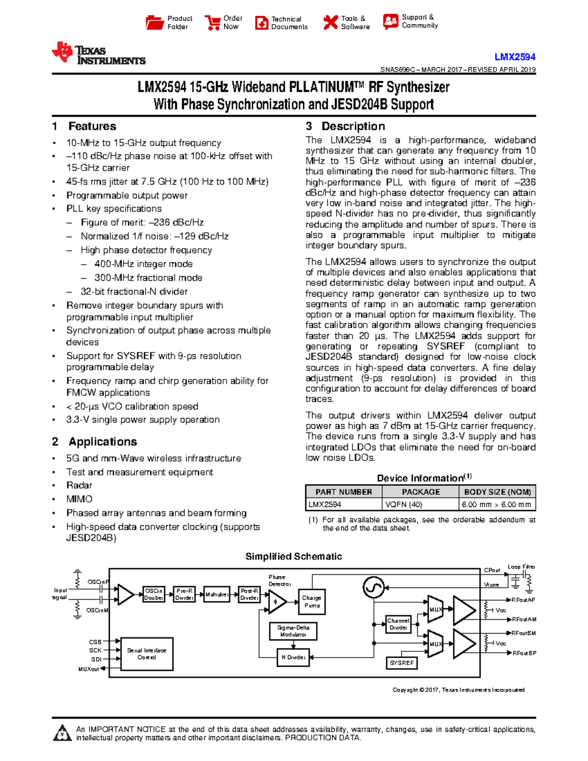 LMX2594 Wideband RF Synthesizer Technical Document SNAS696C - Studocu