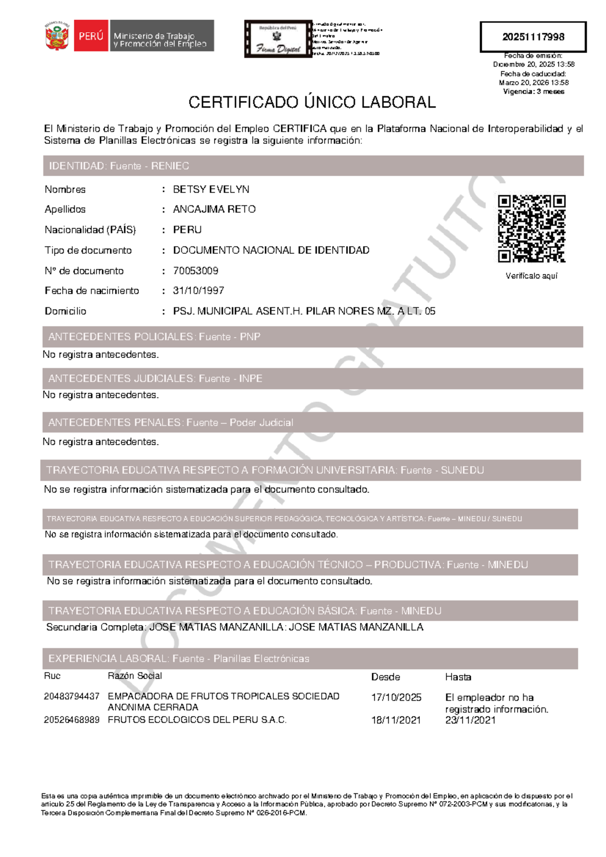 Certificado Único Laboral - 70053009 Betsy Ancaijima Reto - Studocu