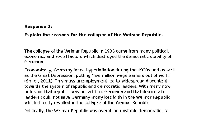 Collapse of the Weimar Republic: Political and Economic Factors - Studocu