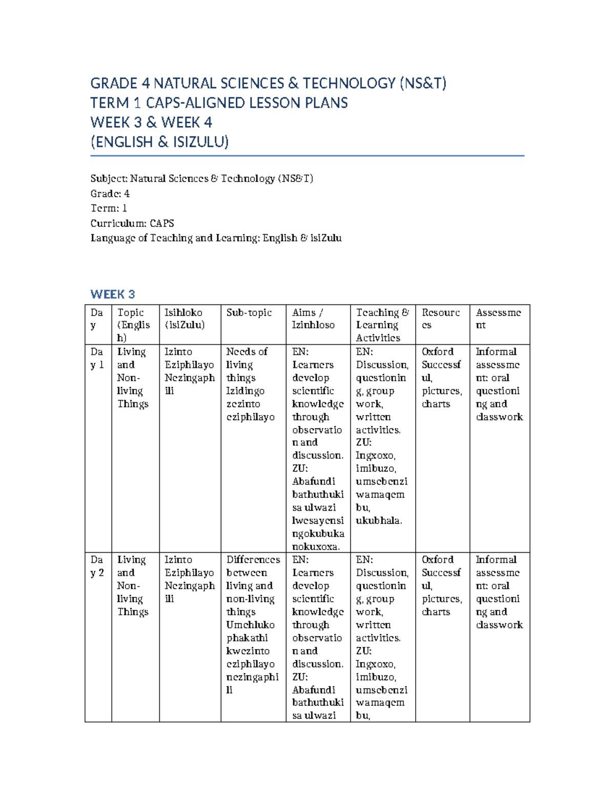 Grade 4 NS&T Term 1 Lesson Plans: Weeks 3 & 4 (Bilingual) - Studocu