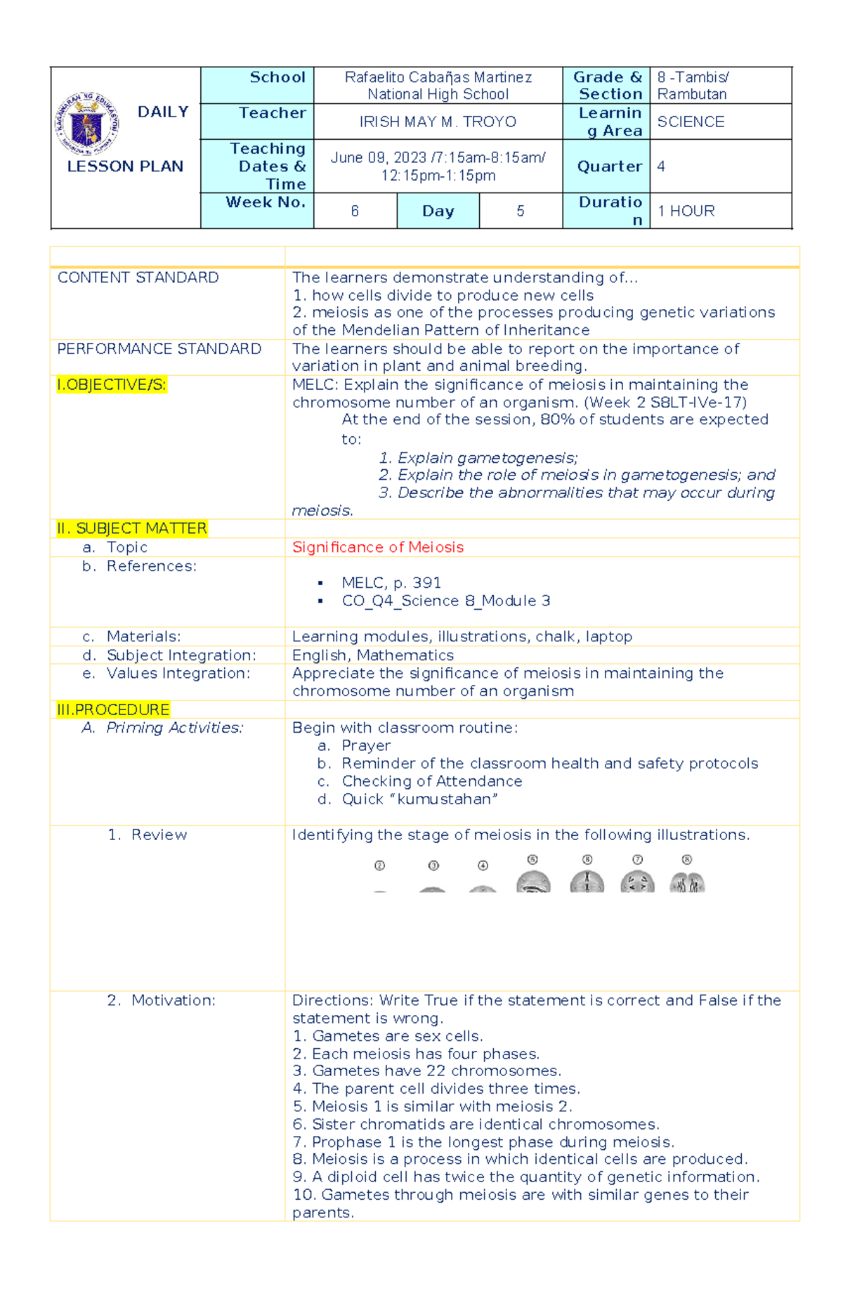 Significance of Meiosis: Lesson Plan for Science 8 (Q4 Week 6) - Studocu