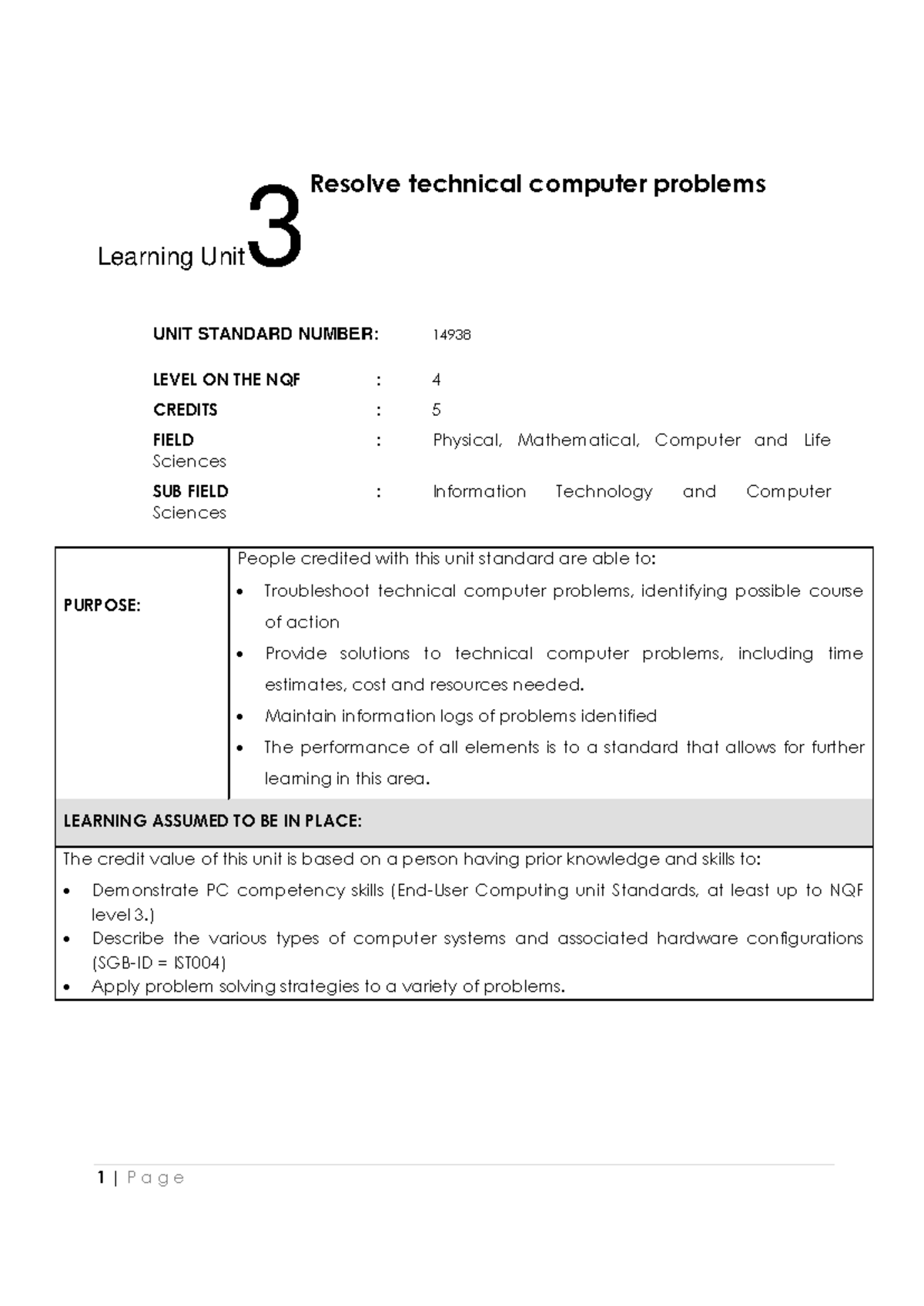 Troubleshooting Technical Computer Problems: Unit Standard 14938 - Studocu