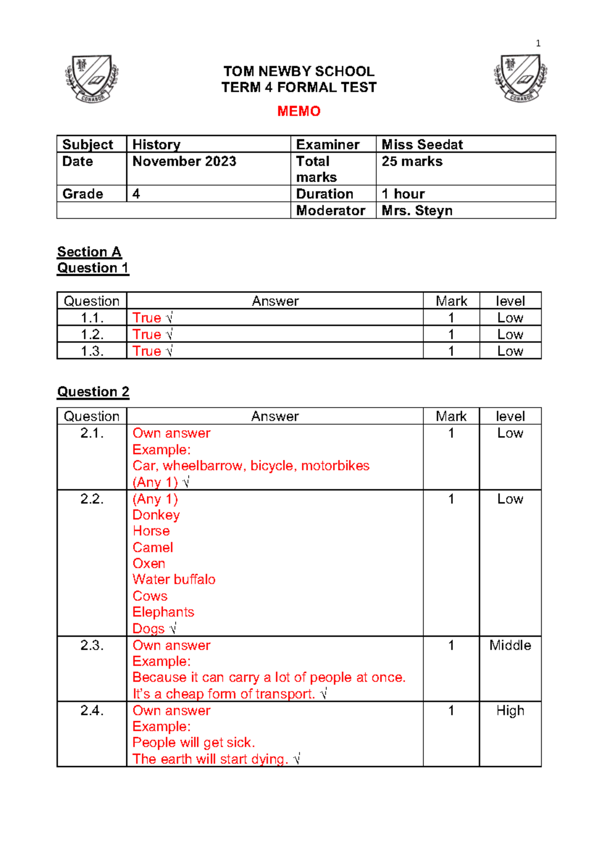 Grade 4 History Term 4 Formal Test Memo - November 2023 - Studocu