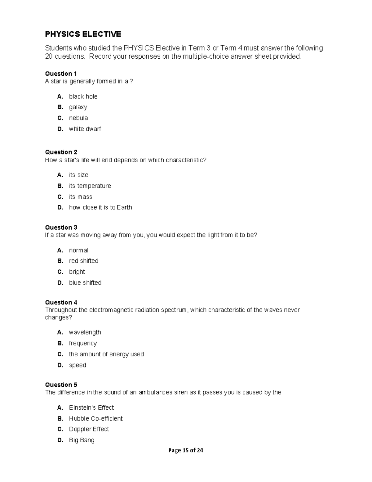 Physics Elective Year 10 Past Exam 2020 - Multiple Choice Questions ...