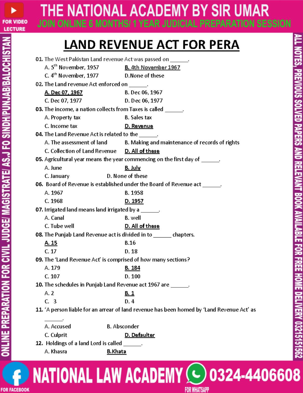 MCQs on Land Revenue Act for PERA Final Exam - Studocu