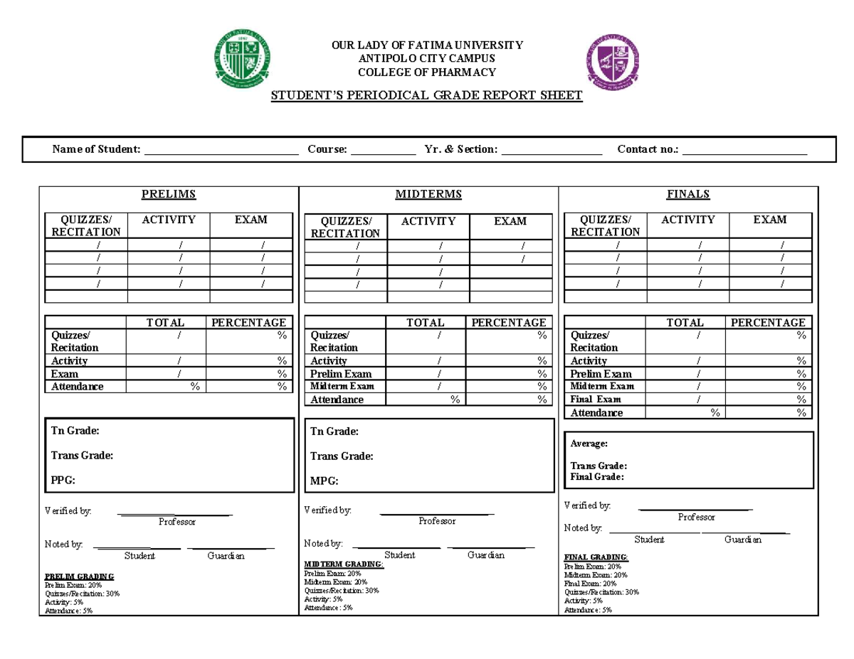 OUR LADY OF FATIMA UNIVERSITY PHARMACY GRADE REPORT SHEET - Studocu