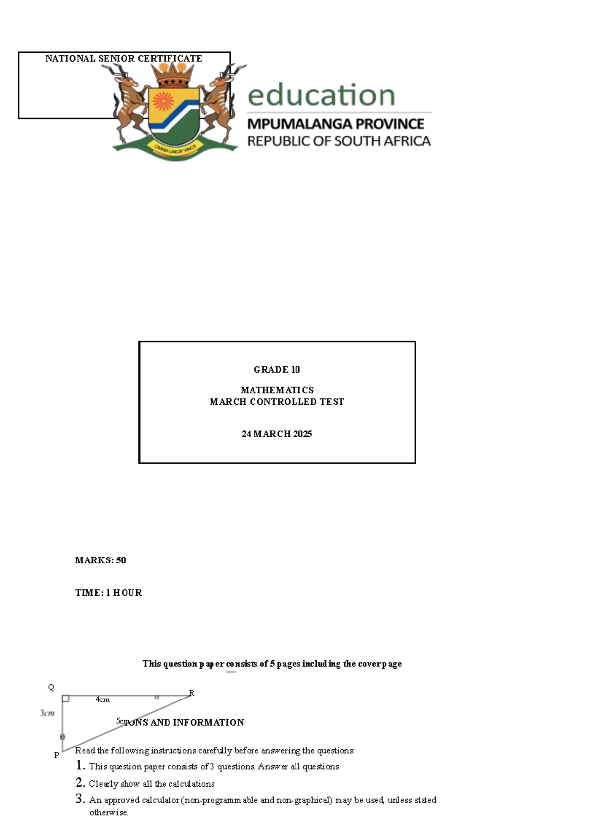 NATIONAL SENIOR CERTIFICATE GRADE 10 MATH MARCH CONTROLLED TEST 2025 ...