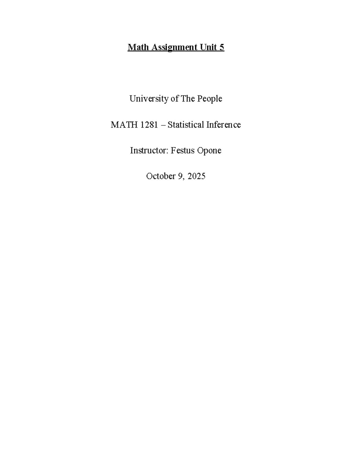 MATH 1281 - Statistical Inference Assignment Unit 5 Analysis - Studocu