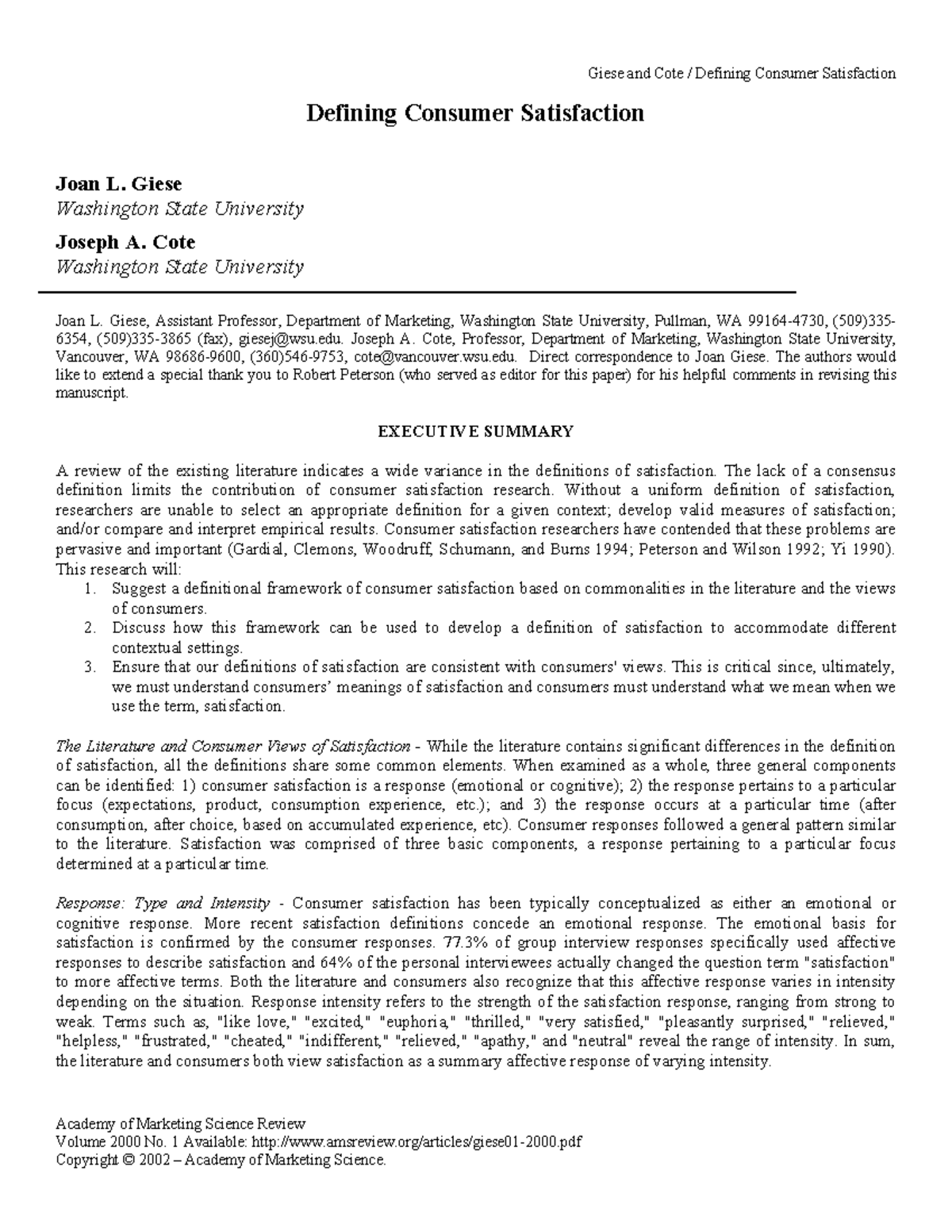 Defining Customer Satisfaction: A Framework for Understanding (MKTG 301 ...