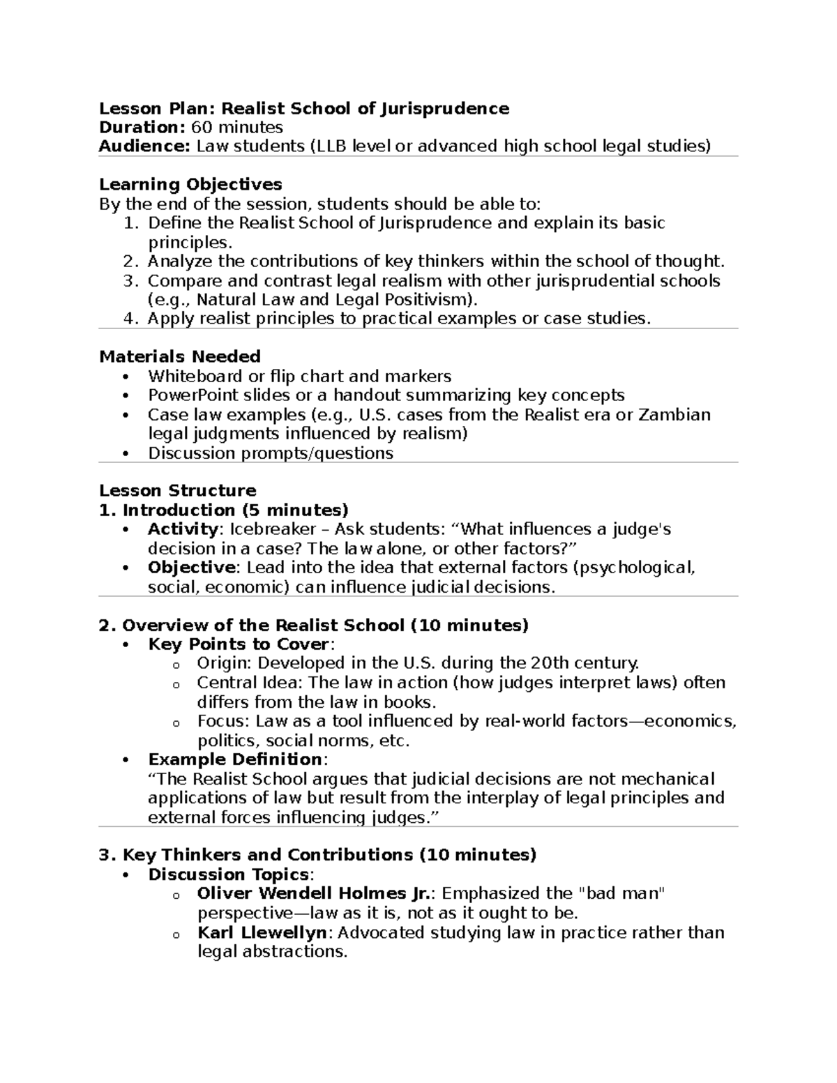 Lesson Plan: Realist School of Jurisprudence (LLB) - Studocu