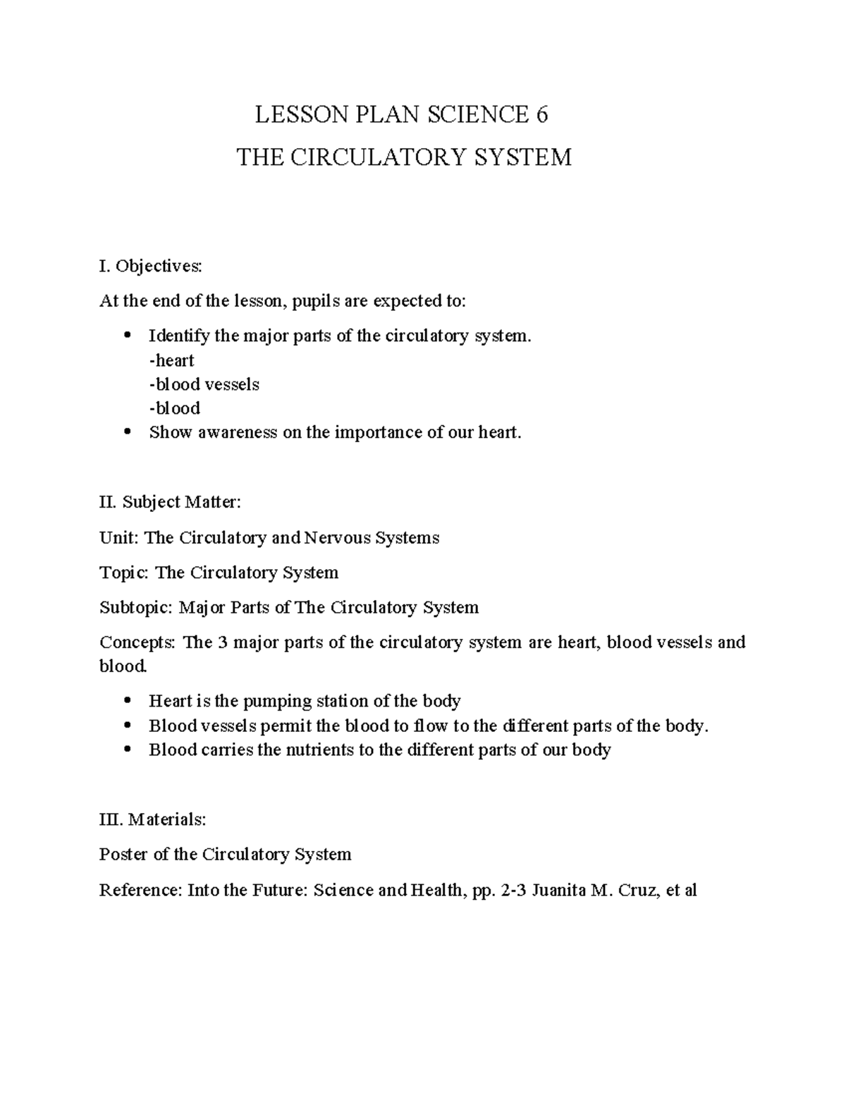 Lesson Plan: Understanding the Circulatory System - Science 6 - Studocu