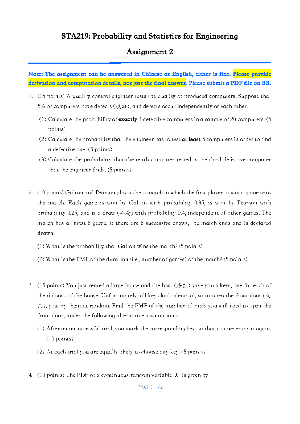 STA219: Probability & Statistics for Engineering - Assignment 2 Notes ...