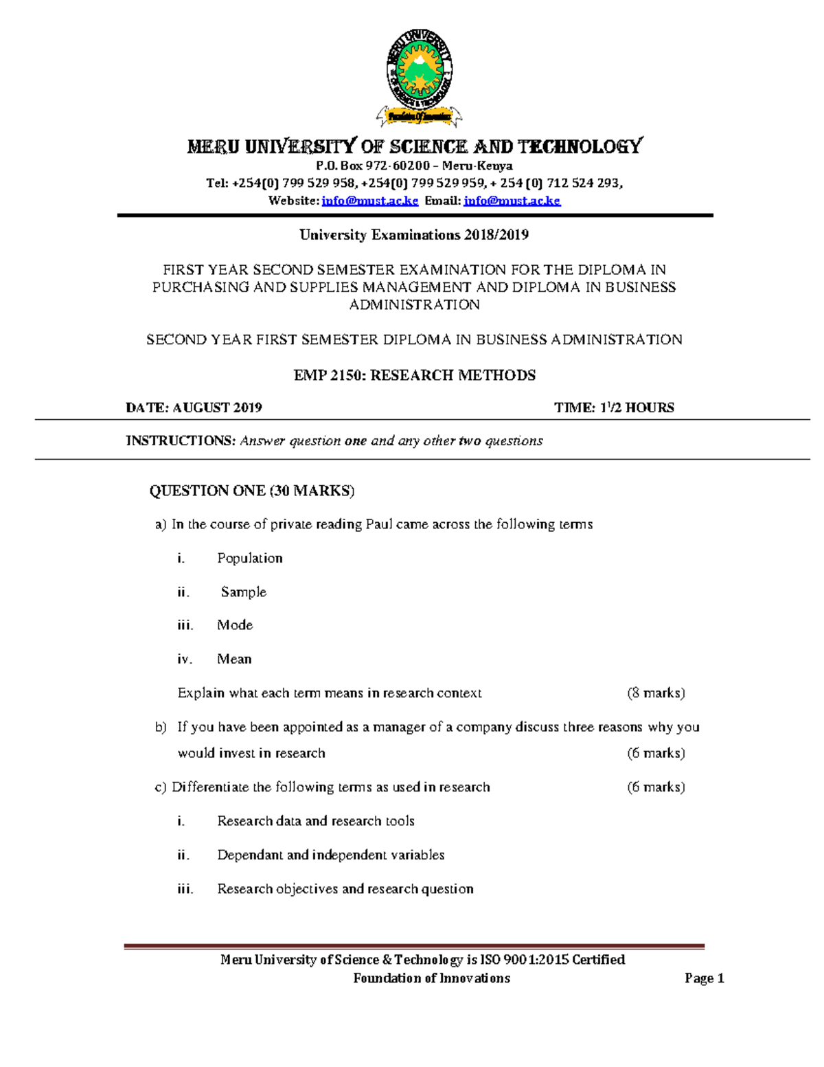 EMP 2150: Research Methods - University Exam August 2019 Insights - Studocu