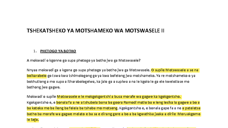 TSHEKATSHEKO YA MOTSHAMEKO WA MOTSWASELE II: DITIRAGALO LE PHELELO ...