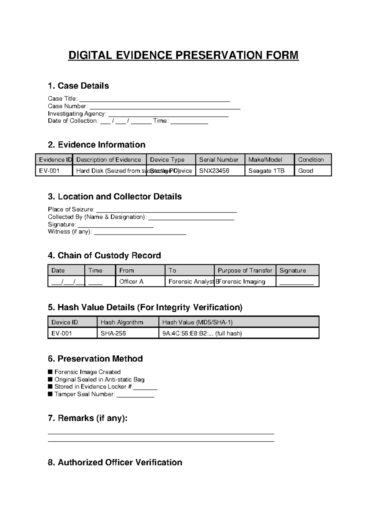 DIGITAL EVIDENCE PRESERVATION FORM - Case Details & Chain of Custody ...