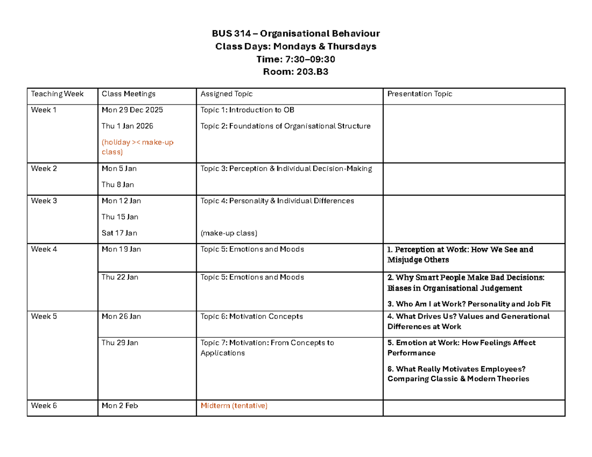 BUS 314 - Organisational Behaviour Class Schedule & Topics - Studocu