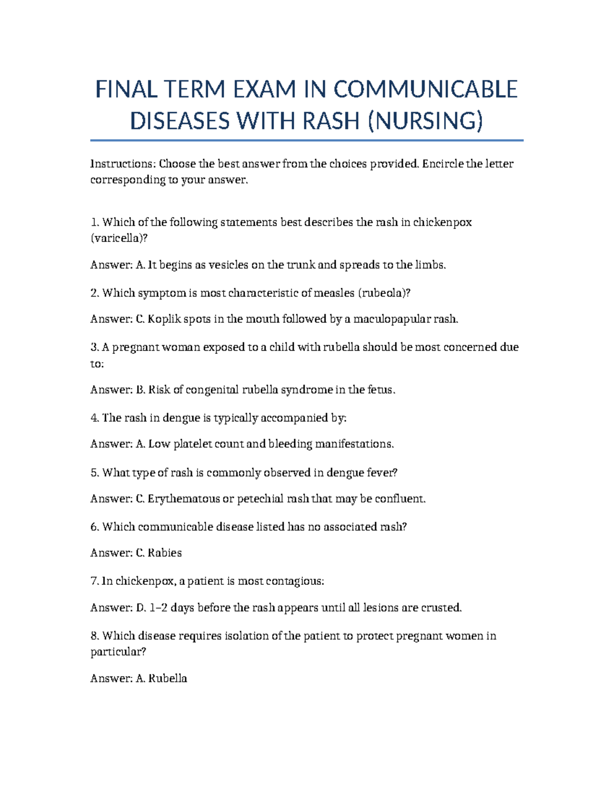FINAL TERM EXAM: COMMUNICABLE DISEASES WITH RASH (NURSING) - Studocu
