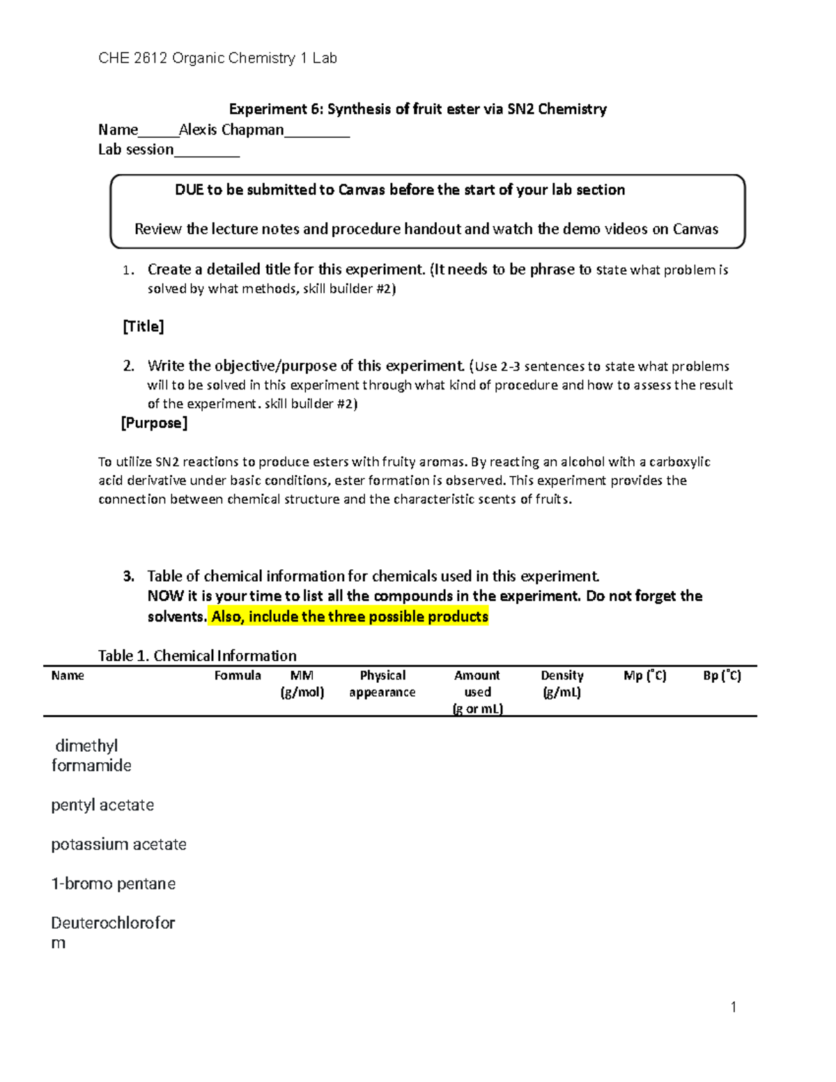 CHE 2612 Lab Exp6: Fruit Ester Synthesis via SN2 Reactions - Studocu