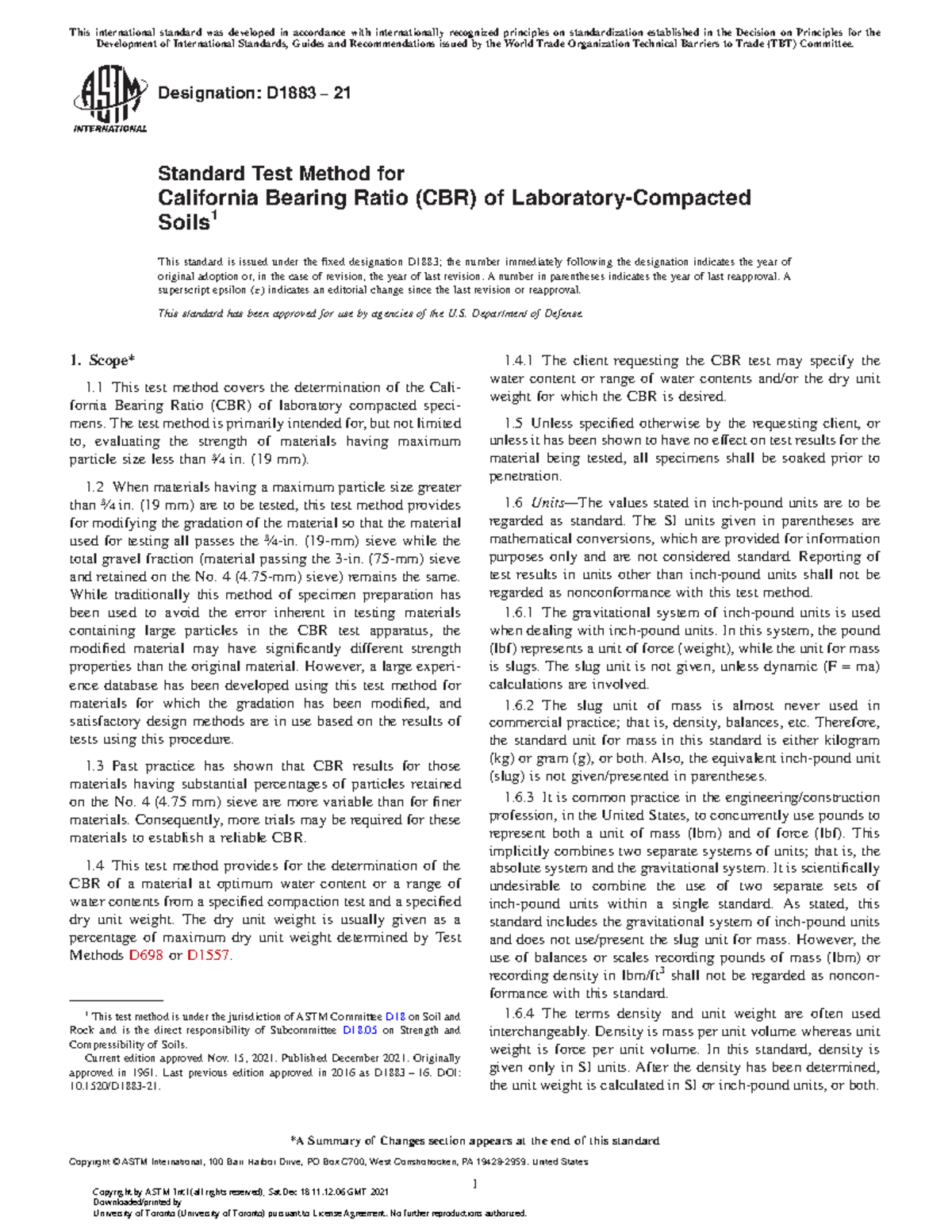 ASTM D1883-21: Standard Test Method for California Bearing Ratio - Studocu