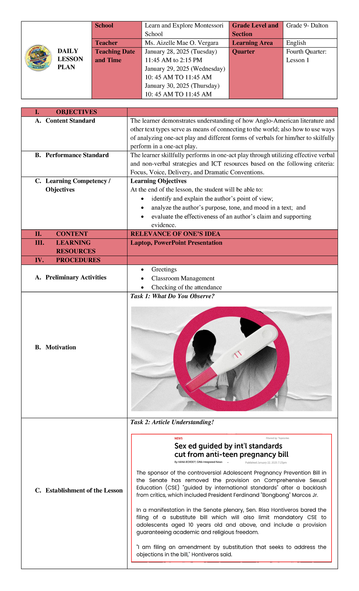 Lesson Plan Q4 L1: Understanding the Relevance of Ideas in Texts - Studocu