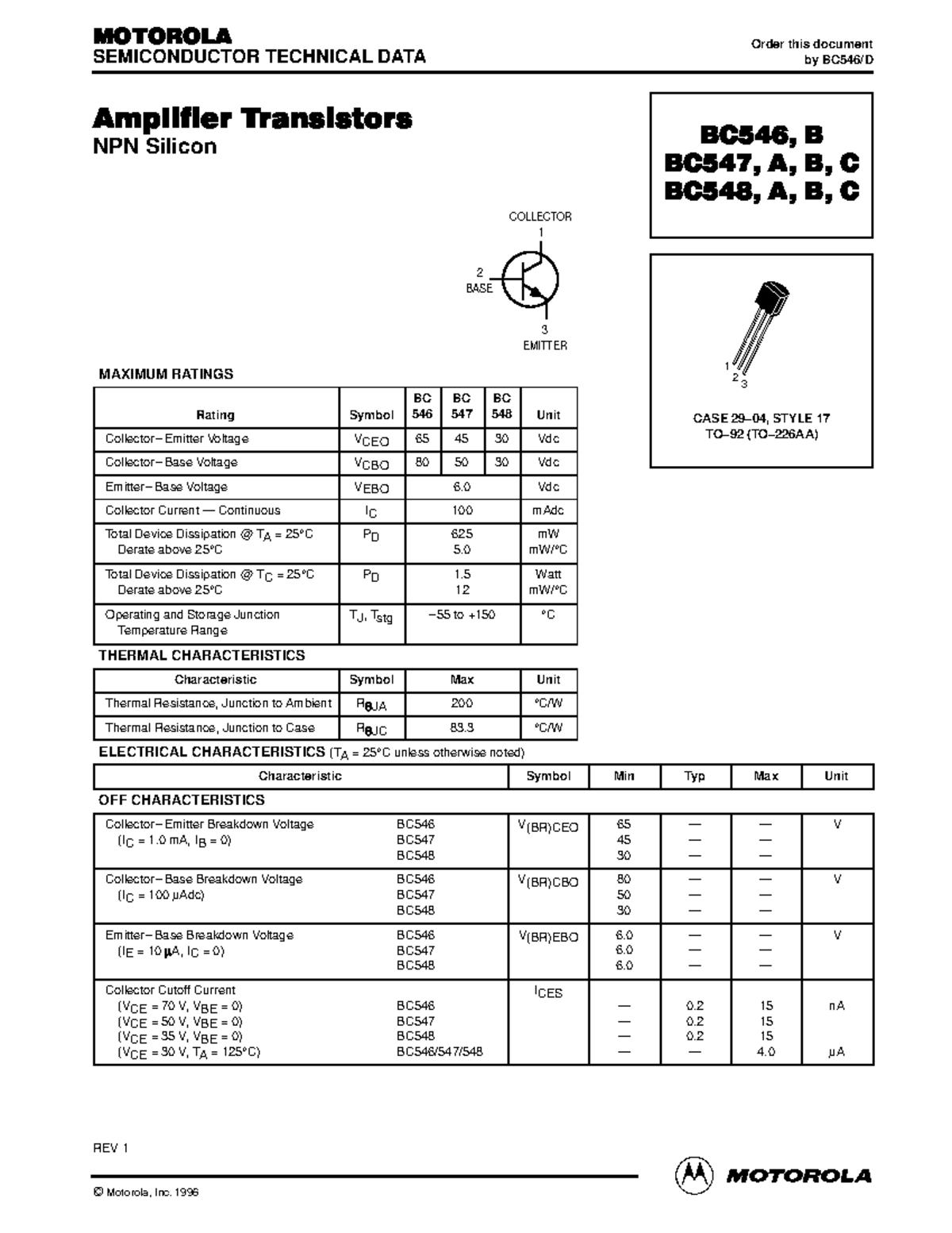 Motorola BC548 Small-Signal Transistor Data Sheet and Specs - Studocu