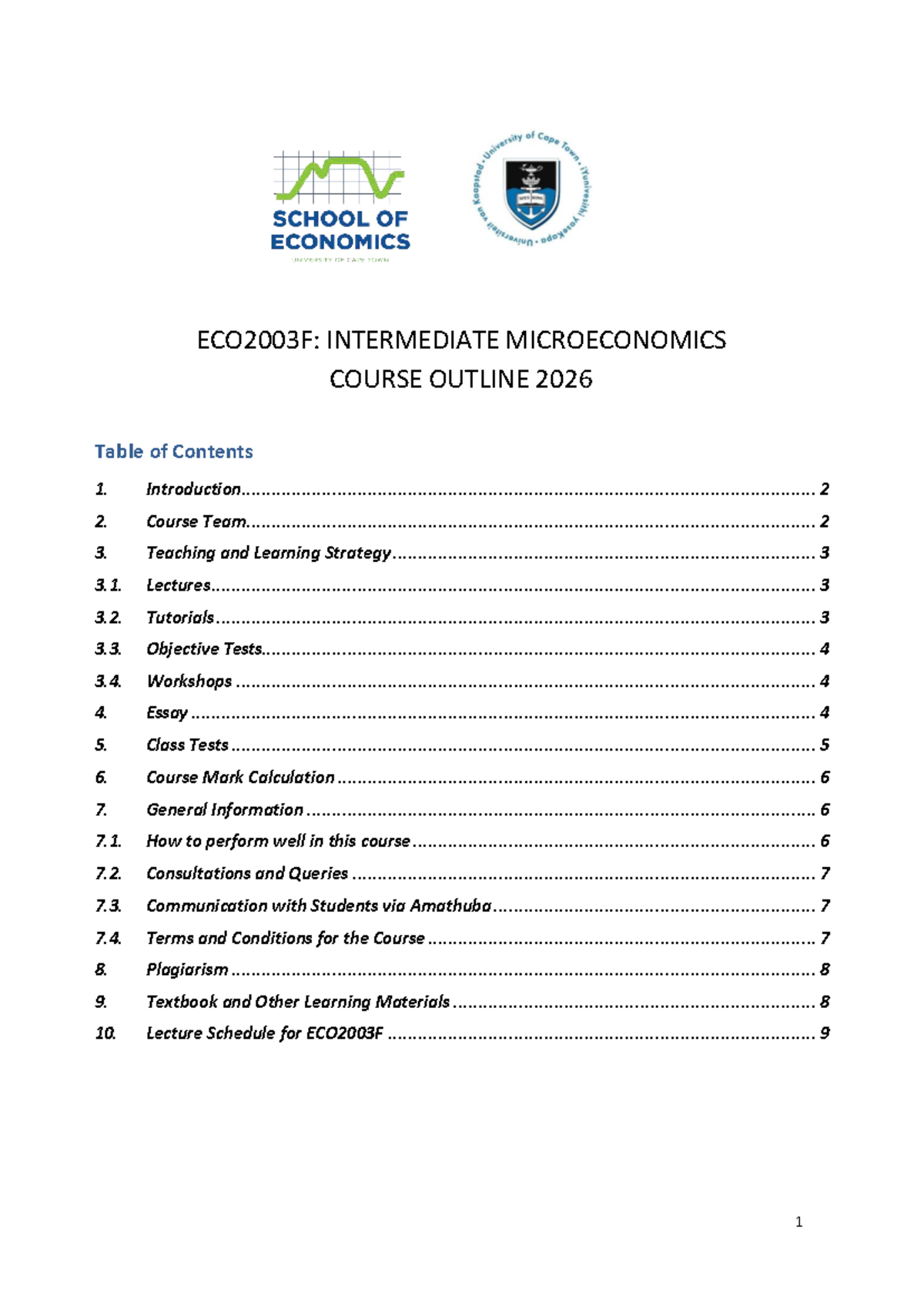 ECO2003F: 2026 Intermediate Microeconomics Course Outline - Studocu