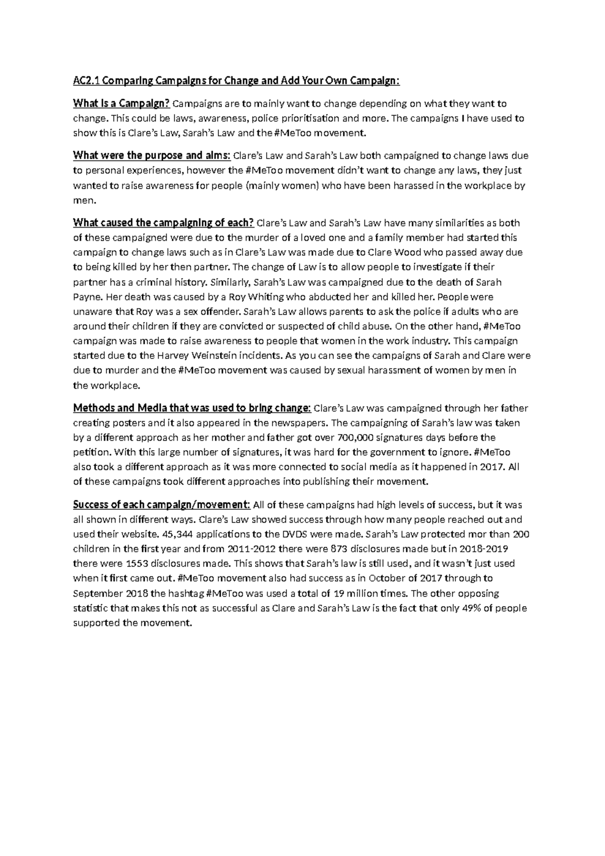 AC2.1 Analyzing Campaigns for Change: Law vs. Awareness Movements - Studocu