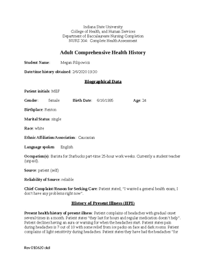 Complete health history assignment - Running head: COMPLETE HEALTH HISTORY Complete Health ...