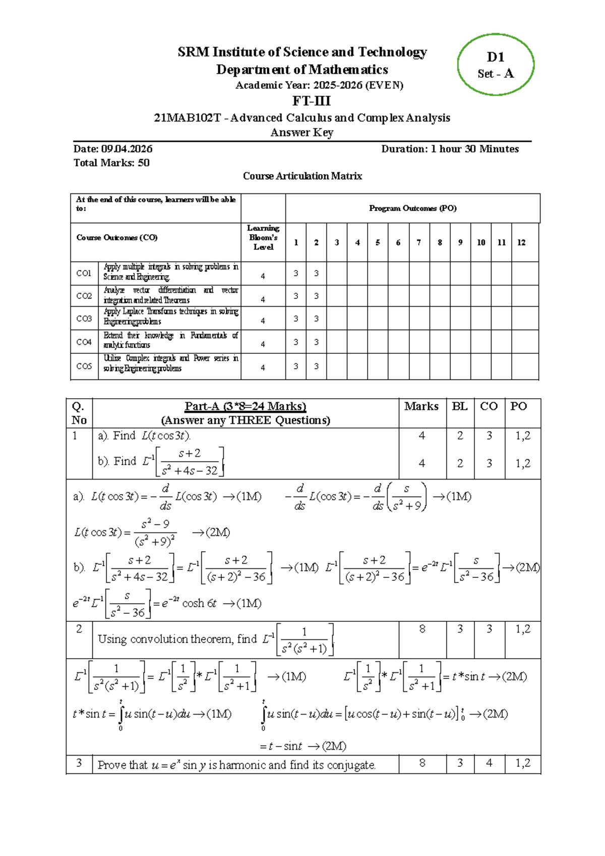 D1 Set A Answer Key for 21MAB102T: Advanced Calculus & Complex Analysis ...