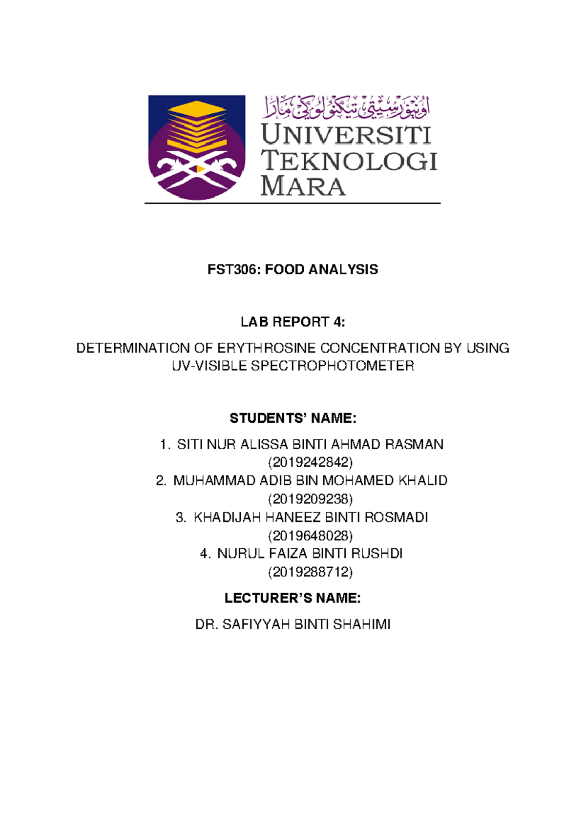 FST306 Lab Report 4: Erythrosine Concentration via UV-Vis Method - Studocu