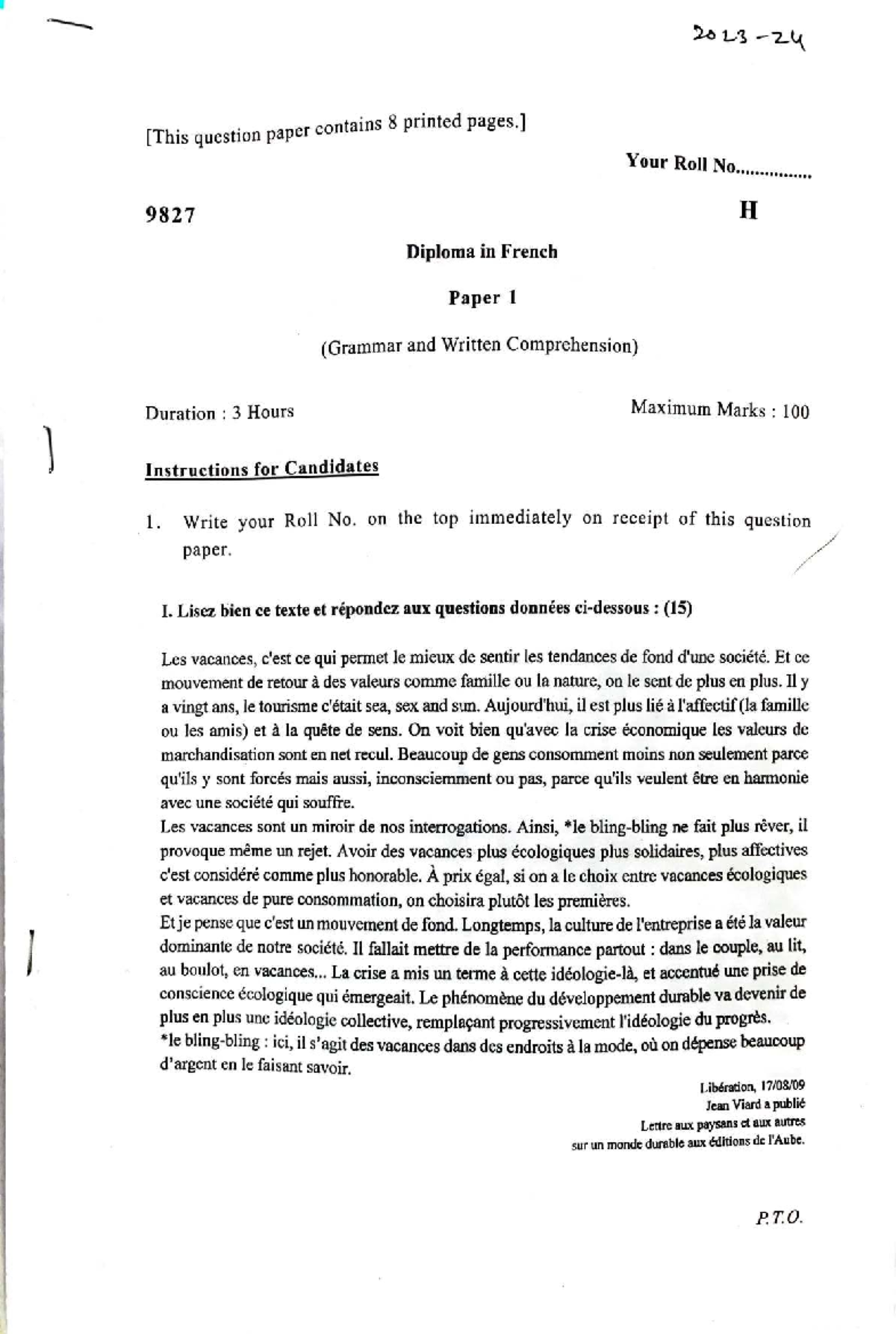 Diploma in French 9827 Paper 1: Grammar & Written Comprehension Exam ...