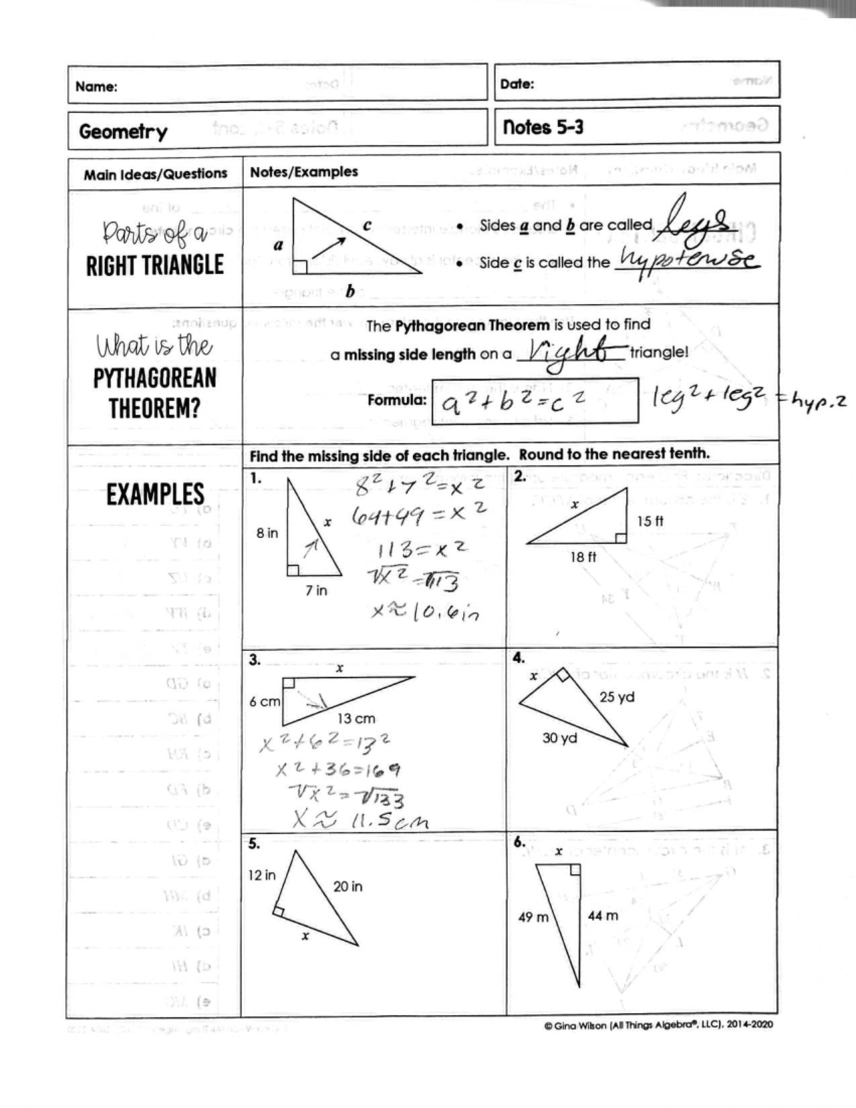 Geometry Lesson 5-3 Notes: Pythagorean Theorem & Circumcenter - Studocu