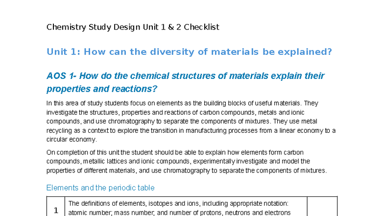 Chemistry Study Design: Unit 1 & 2 Checklist for AOS - Studocu
