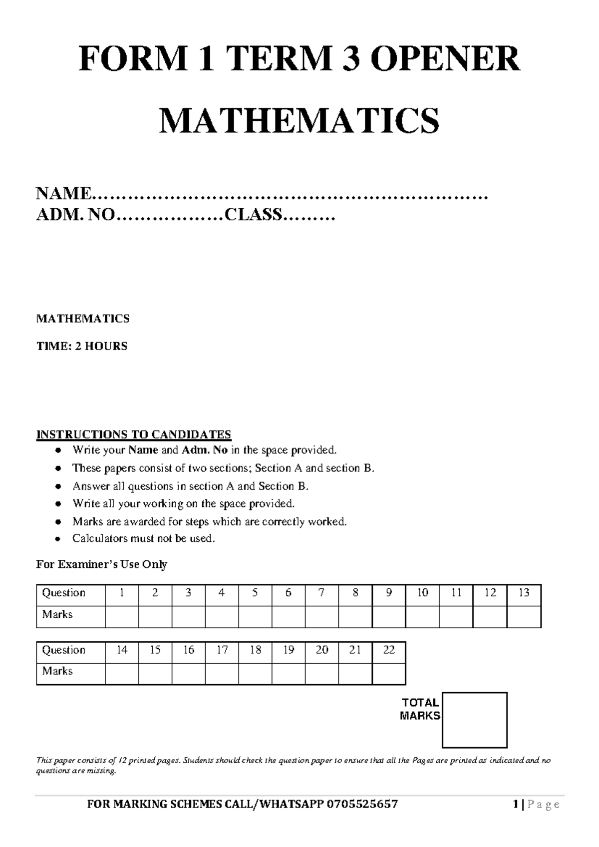 Form 1 term 3 mathematics opener exam paper (adm) - Studocu