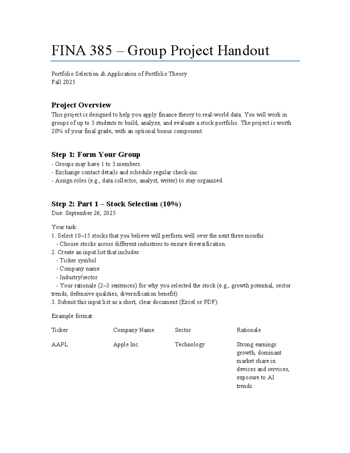 FINA 385 Group Project: Portfolio Theory Application Guide Fall 2025 ...