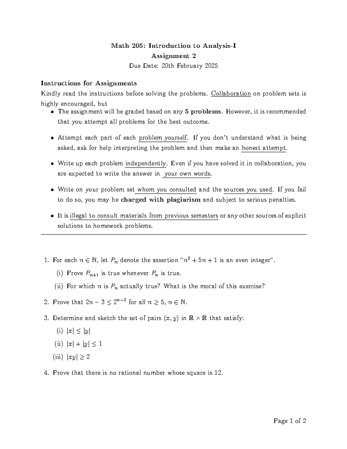 Assignment 2-Math 205 - Math 205: Introduction to Analysis-I Assignment ...