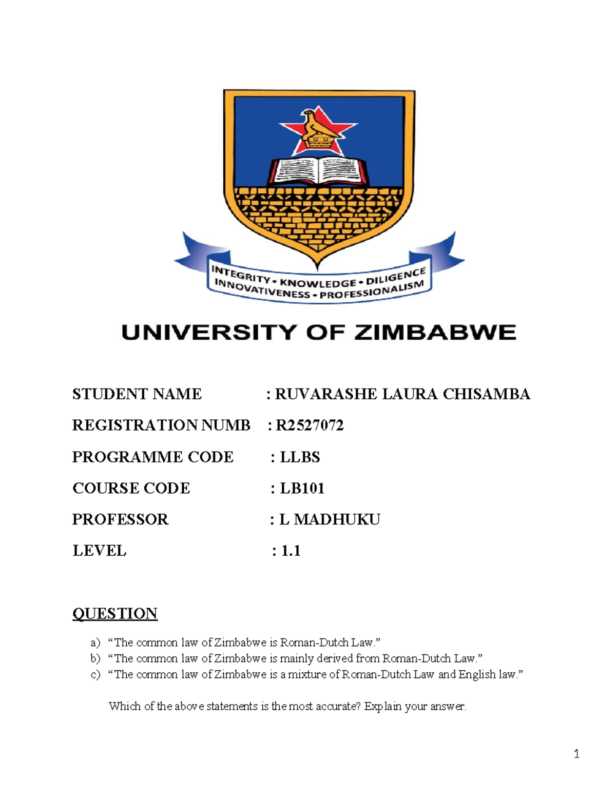 LB101 Assignment - The Hybrid Nature of Zimbabwean Common Law - Studocu
