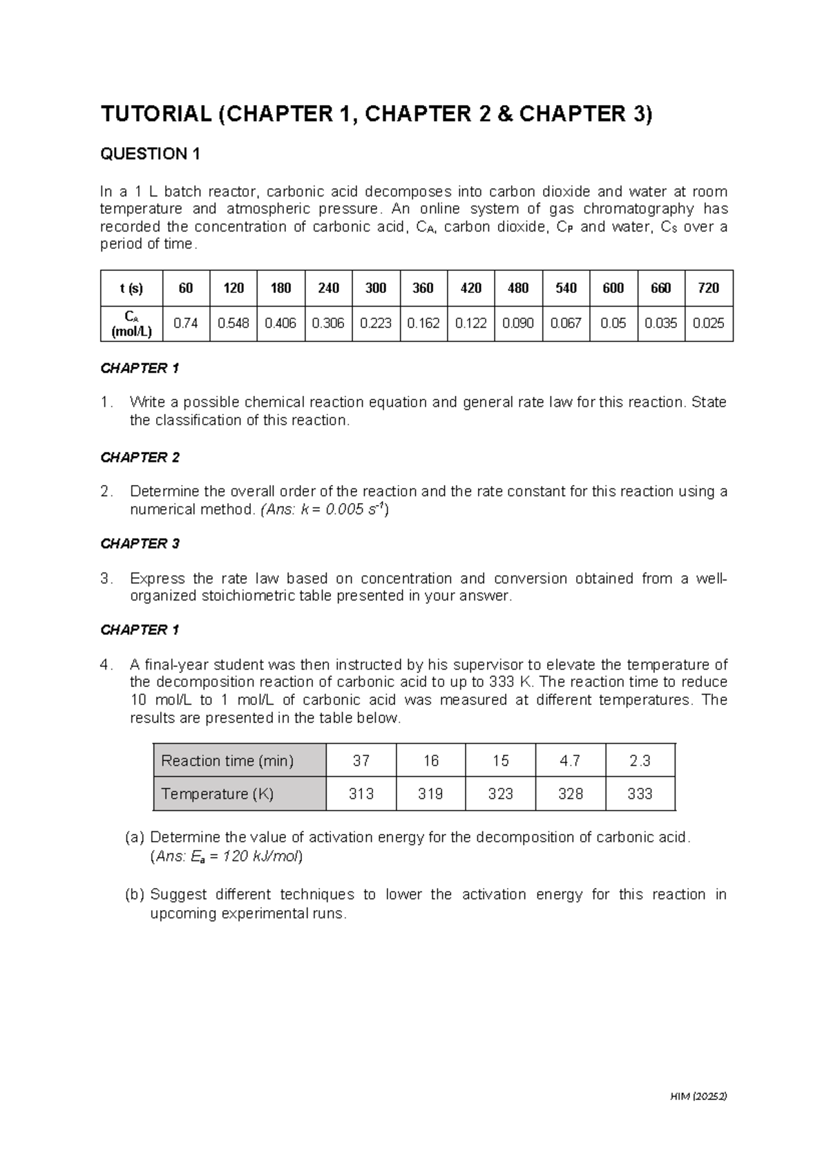 01 Tutorial CHE502 (20252) Chap 1, 2 & 3 - TUTORIAL (CHAPTER 1, CHAPTER ...