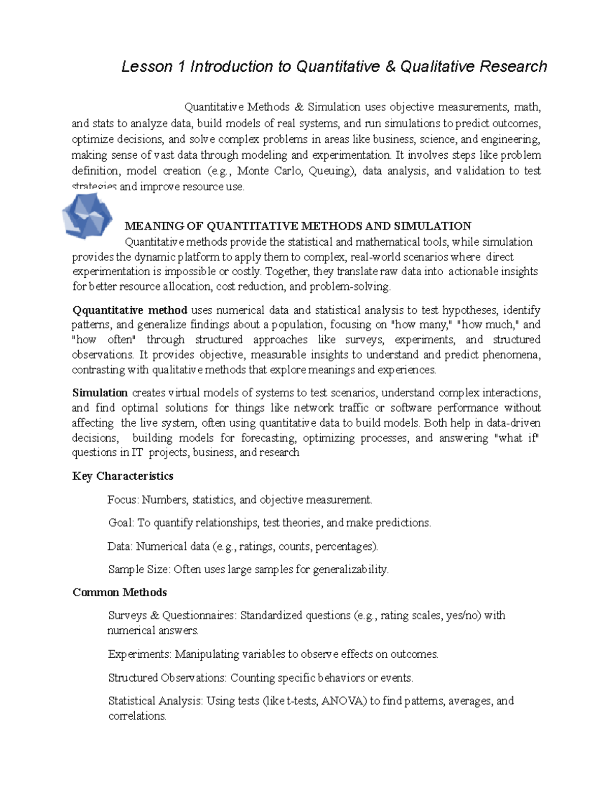 Lesson 1: Intro to Quantitative Methods & Simulation in Research - Studocu