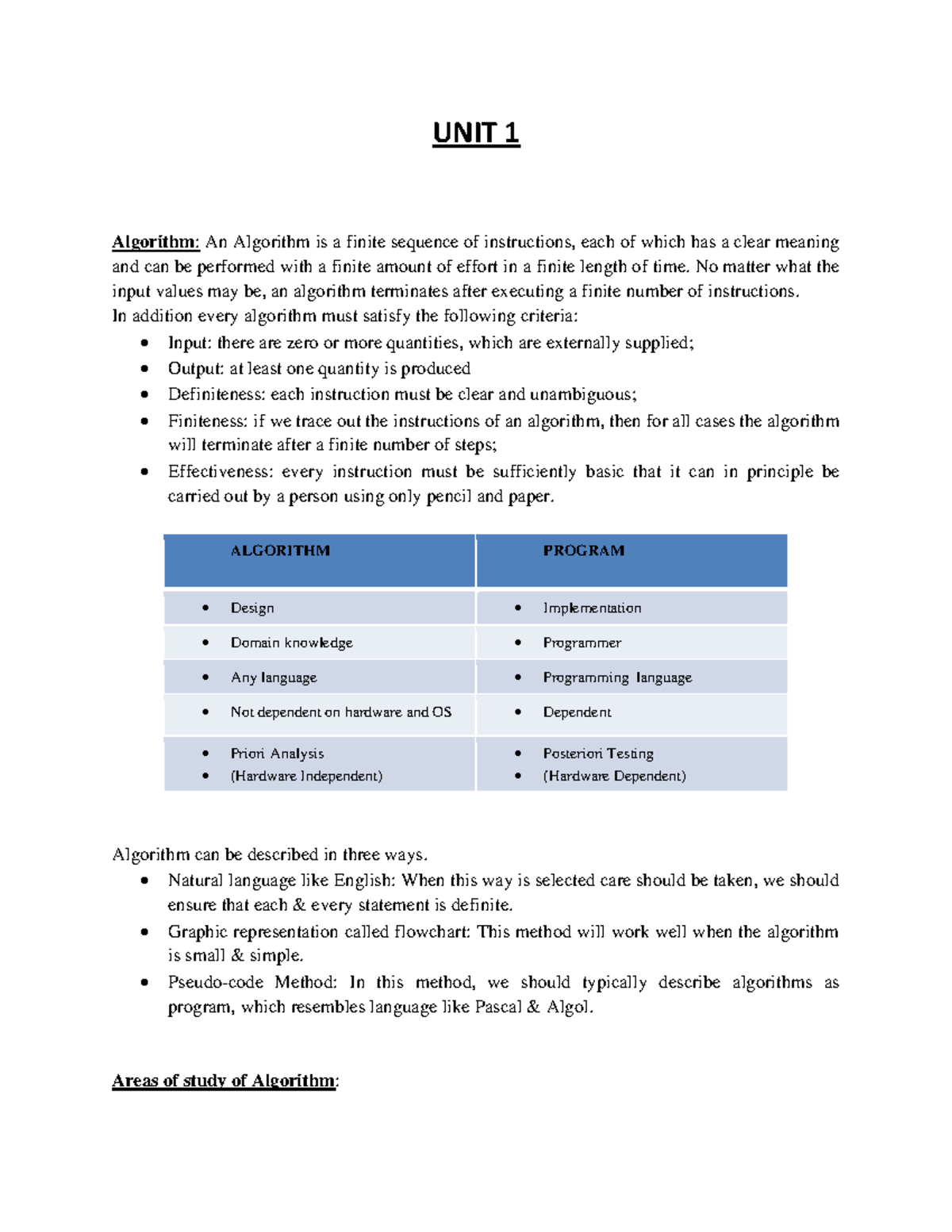DAA 2023 Unit 1: Comprehensive Algorithm Notes and Analysis - Studocu