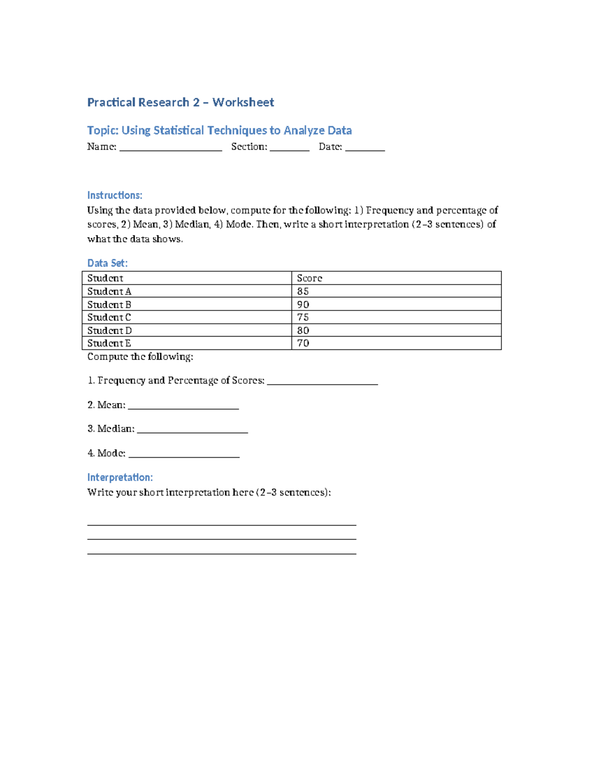 Statistical Techniques Worksheet - Practical Research 2 – Worksheet ...