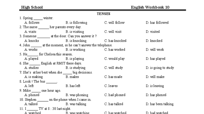 High School English Workbook 10: Grammar Practice Exercises - Studocu