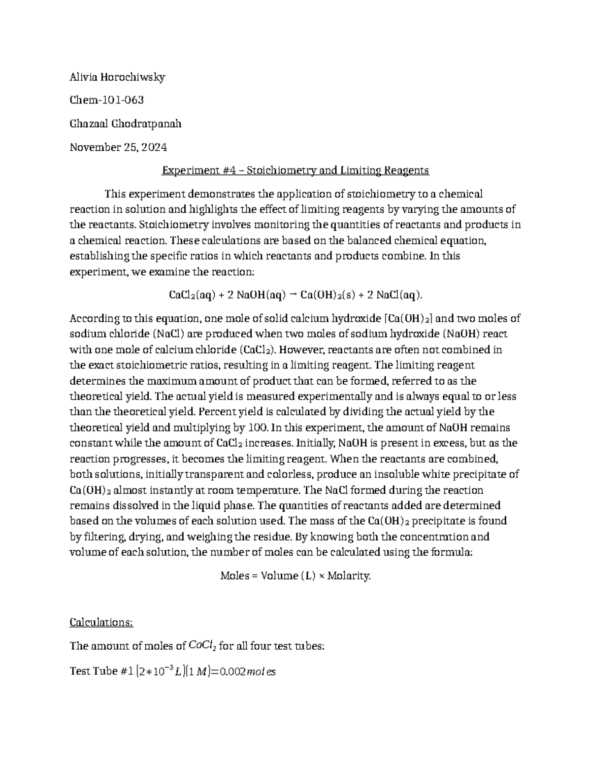 Stoichiometry & Limiting Reagents: Lab Exp #4 (Chem 101) - Studocu