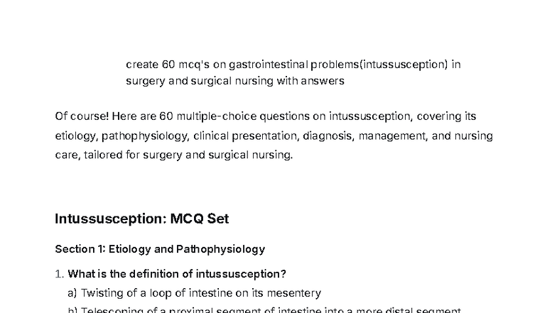 Intussusception & Anal Fistula: 60 MCQs for Surgery Nursing - Studocu