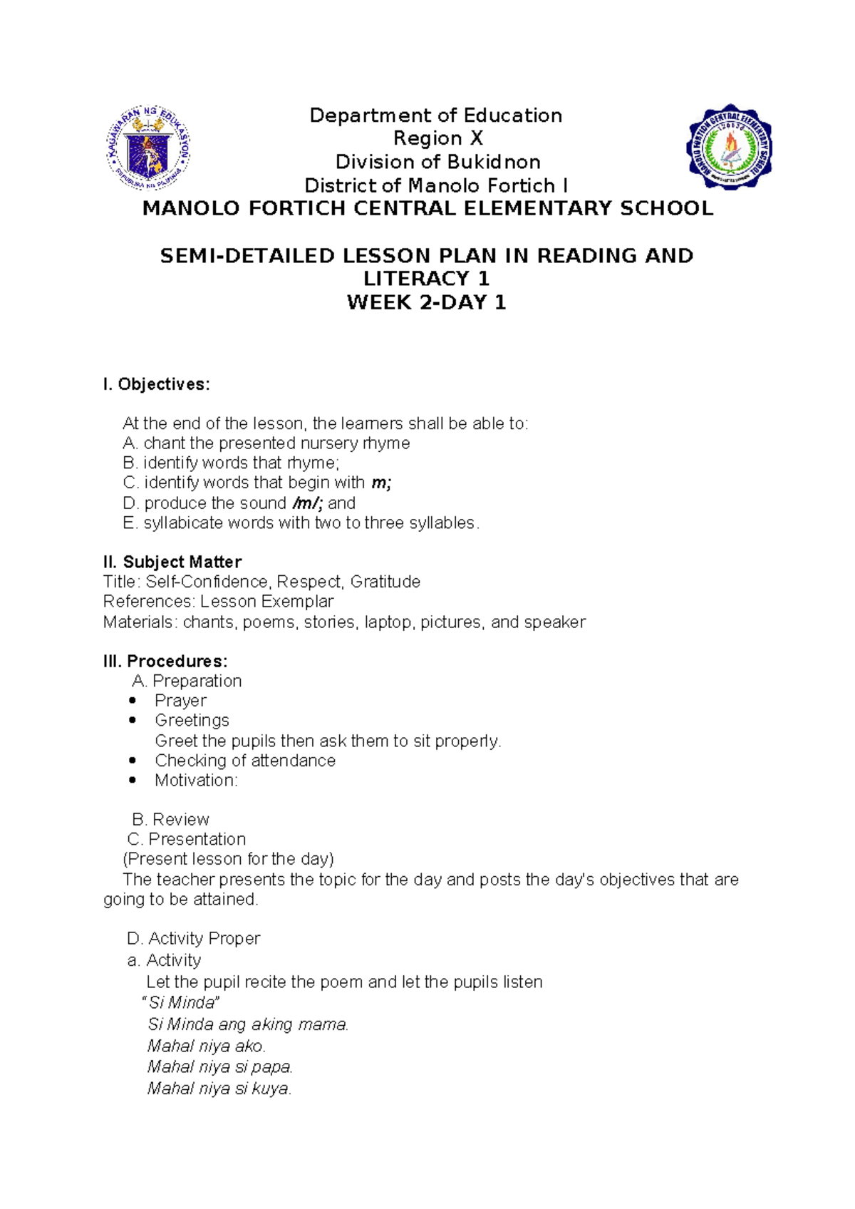SEMI-DETAILED LESSON PLAN IN MAKABANSA 1 (WEEK 2) - Studocu