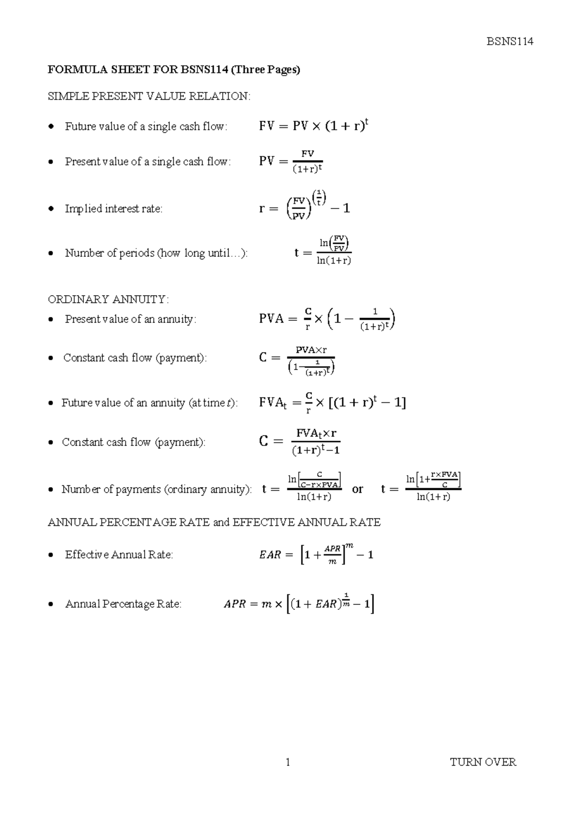 BSNS114 Formula Sheet: Present Value & Annuity Concepts - Studocu
