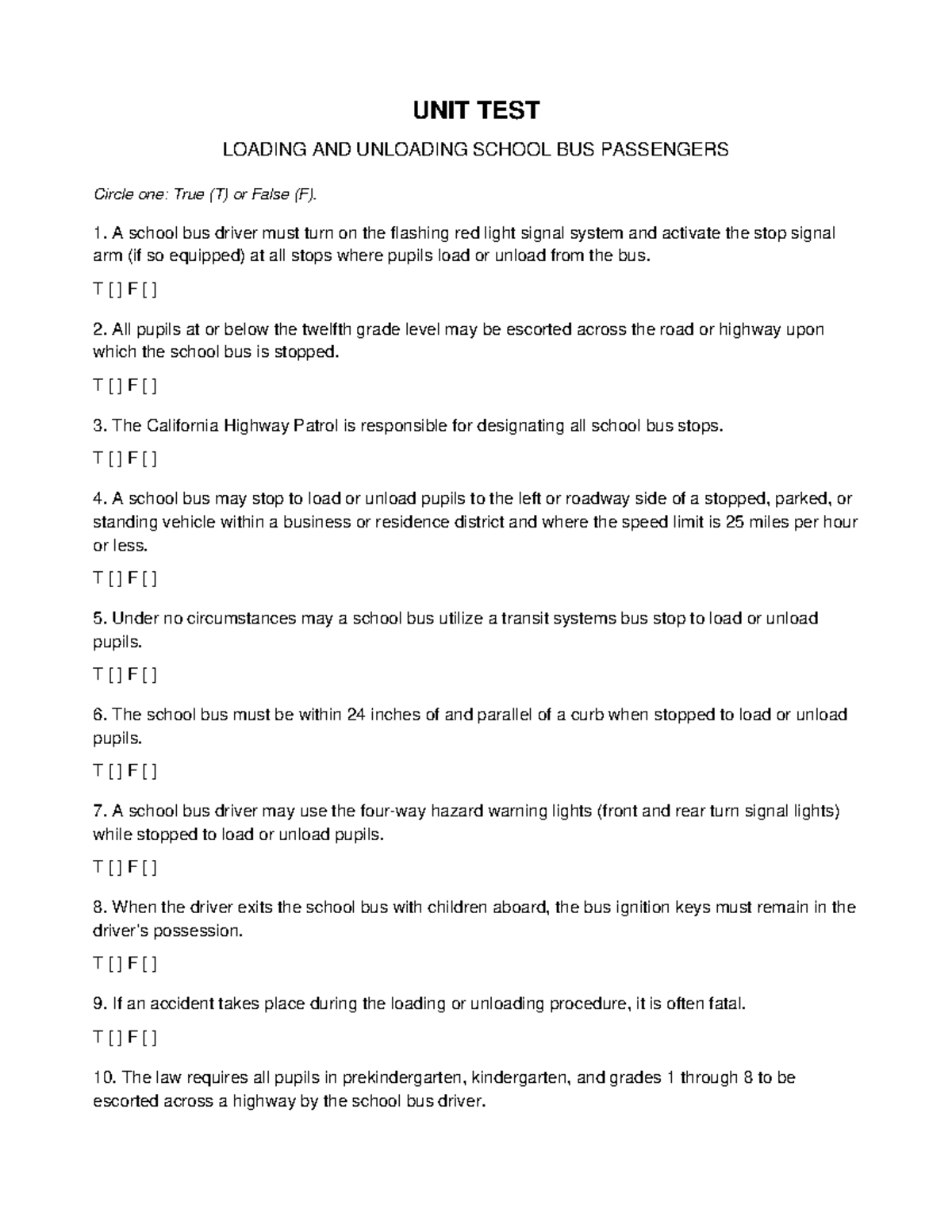Unit Test: Loading & Unloading School Bus Passengers - Studocu