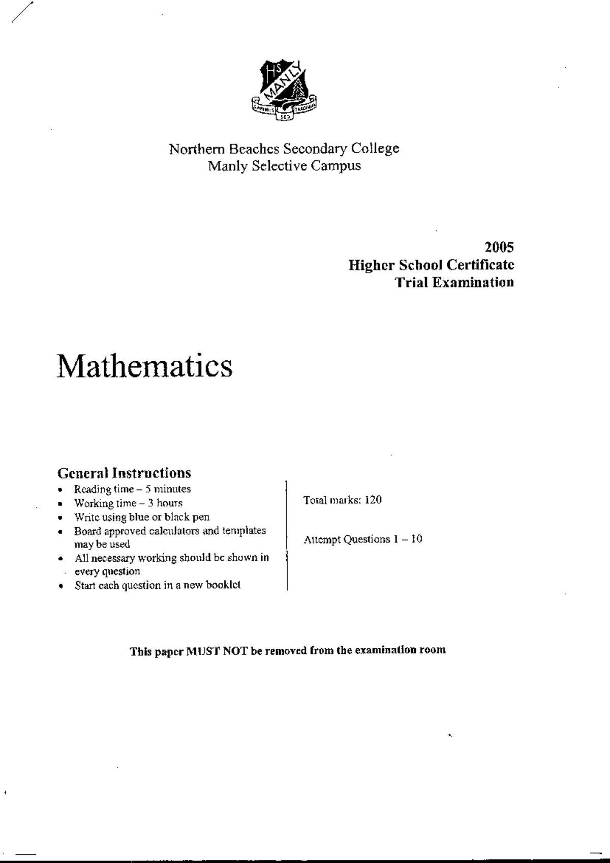 Manly Selective Campus 2005 HSC 2 Unit Trial Exam Mathematics Solutions ...