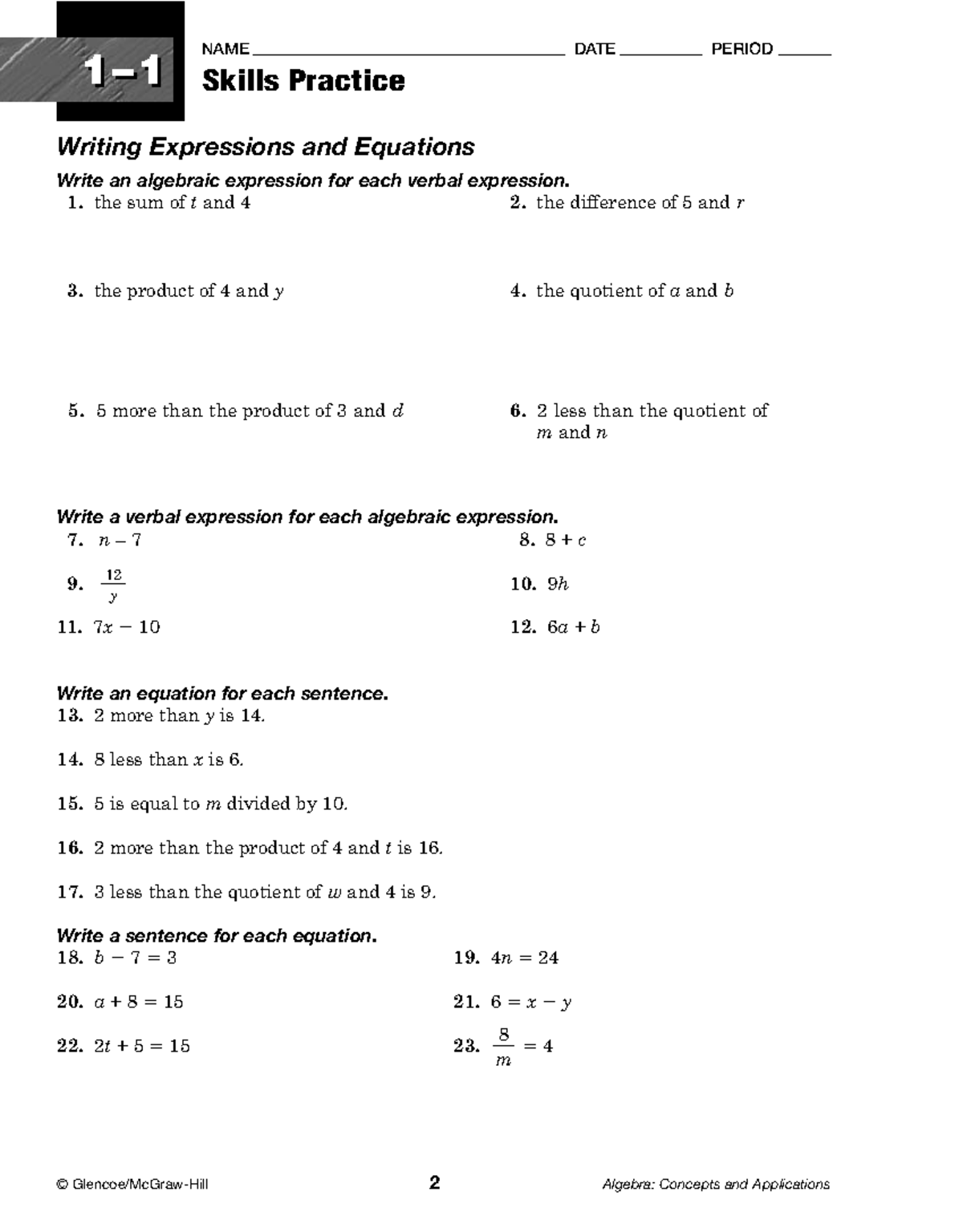 Algebra Skills Practice: Expressions, Equations, and Operations - Studocu